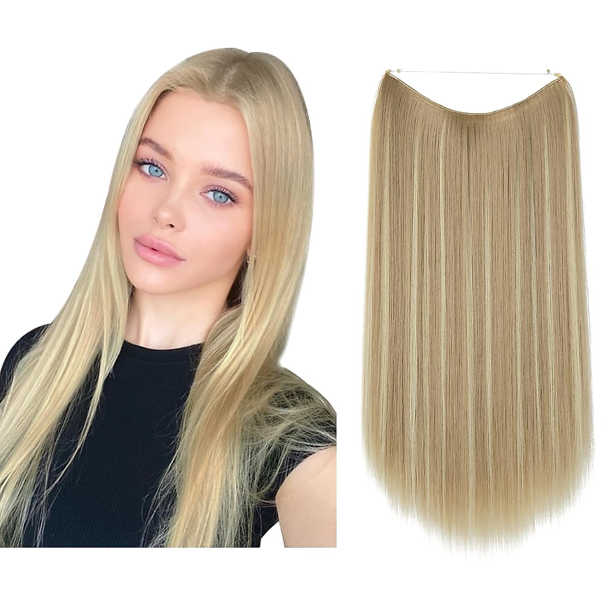 SARLA Invisible Wire Hair Extensions Straight Long Synthetic Hairpieces 22 Inch Adjustable Transparent Headband for Women Dirty Blonde