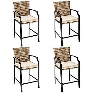Tangkula Patio Rattan Bar Stools Set of 4, Outdoor Wicker Bar Height Chairs W/Soft Cushions, High Backrest & Curved Armrest, Convenient Footrest, Ideal for Garden, Poolside, Balcony