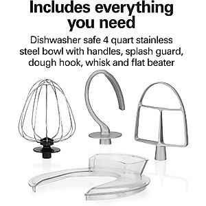 Hamilton Beach Electric Stand Mixer, 4 Quarts, Dough Hook, Flat Beater Attachments, Splash Guard 7 Speeds with Whisk, Red