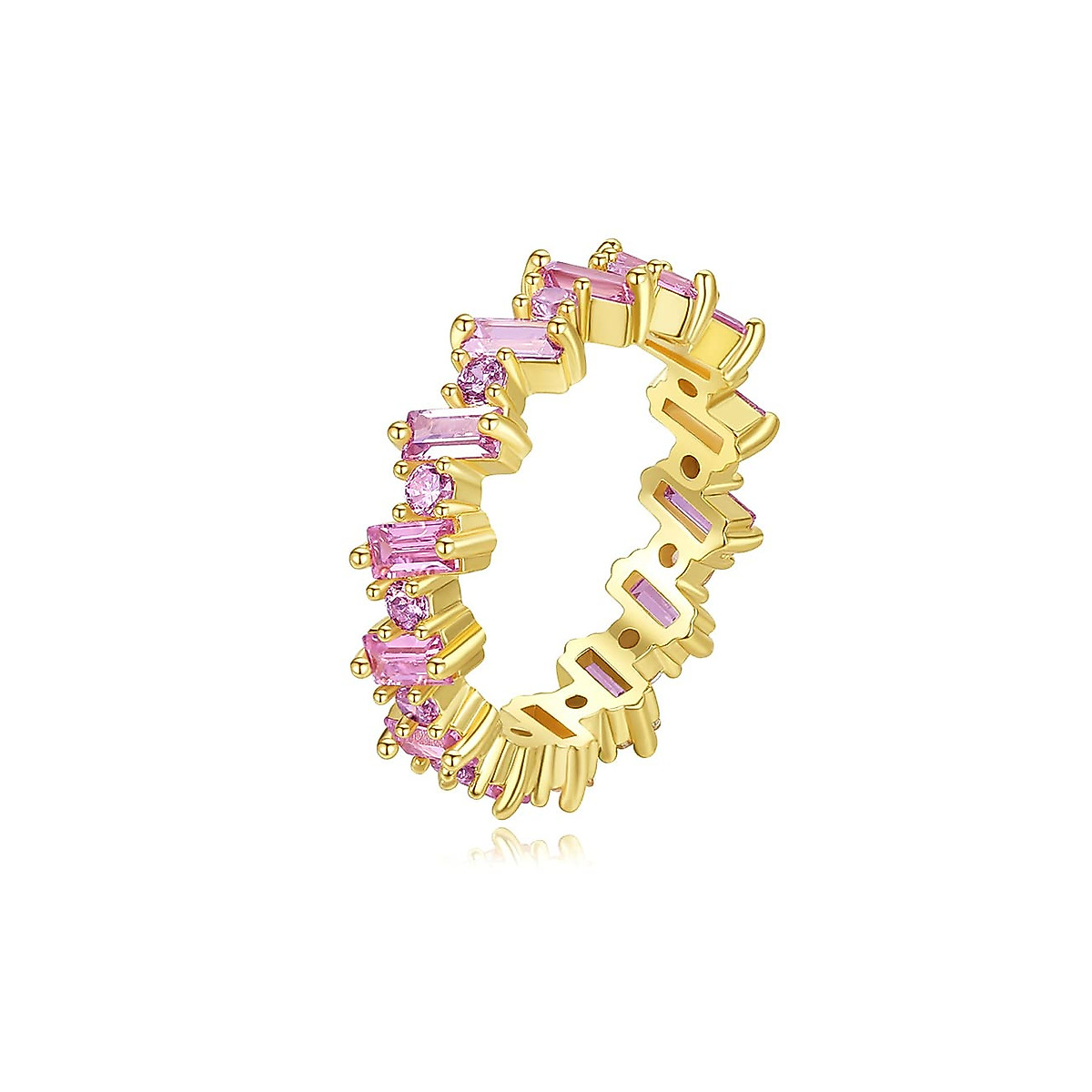 Michooyel 18K Gold Plated Eternity Band Ring Pink Cubic Zirconia Baguette Statement Ring for Women