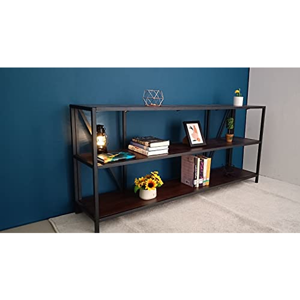 Industrial Bookshelf 3 Shelf Bookcase,Rustic Farmhouse Book Shelves,Solid Wood Three Tier Open Bookcase ,Industrial Wood and Black Metal Bookshelves, Industrial Bookshelf for Living Room Home Office