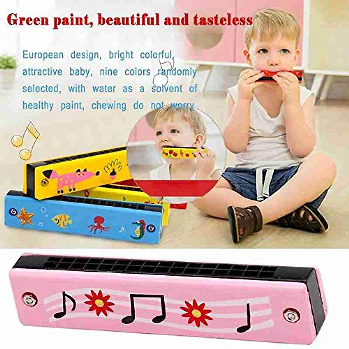 Tvoip 4Pcs Wooden Painted Toy Musical Instrument Play16-Hole Harmonica Parent-Child Puzzle Baby Early Education Toys for Children Gift (Random Color)