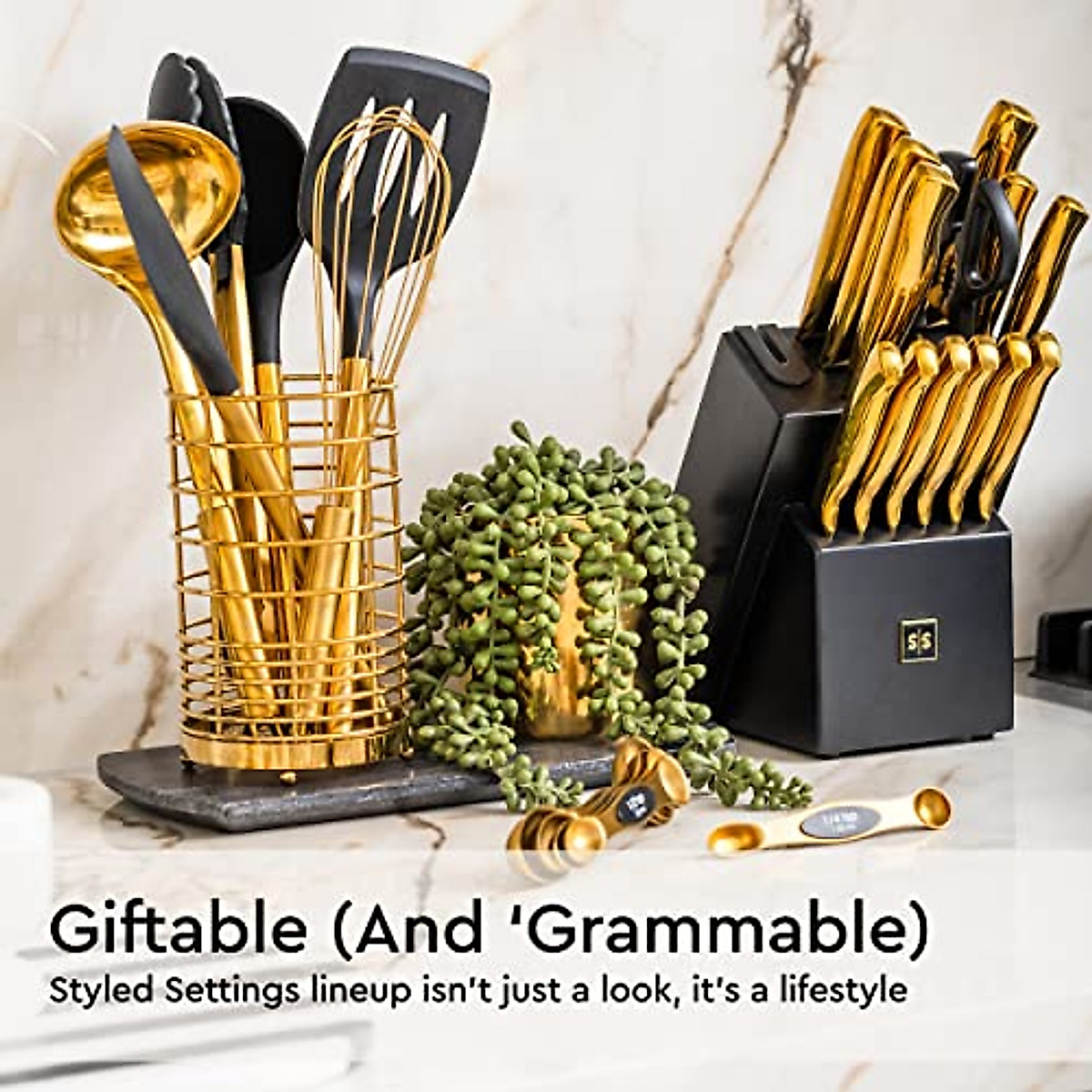 Black and Gold Kitchen Utensils Set with Holder - 7PC Gold Cooking Utensils Set Includes Black Silicone Cooking Utensils Set and Gold Utensil Holder - Gold Kitchen Accessories