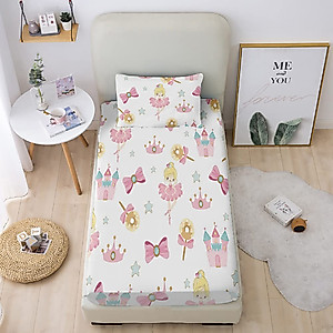 Jameswish Dancing Princess Fitted Sheet Set Twin for Kids Girls Teens Crown Castle Pattern Bed Sheet 2 Piece 3D Print Pink Dreaming Style Sheet Set