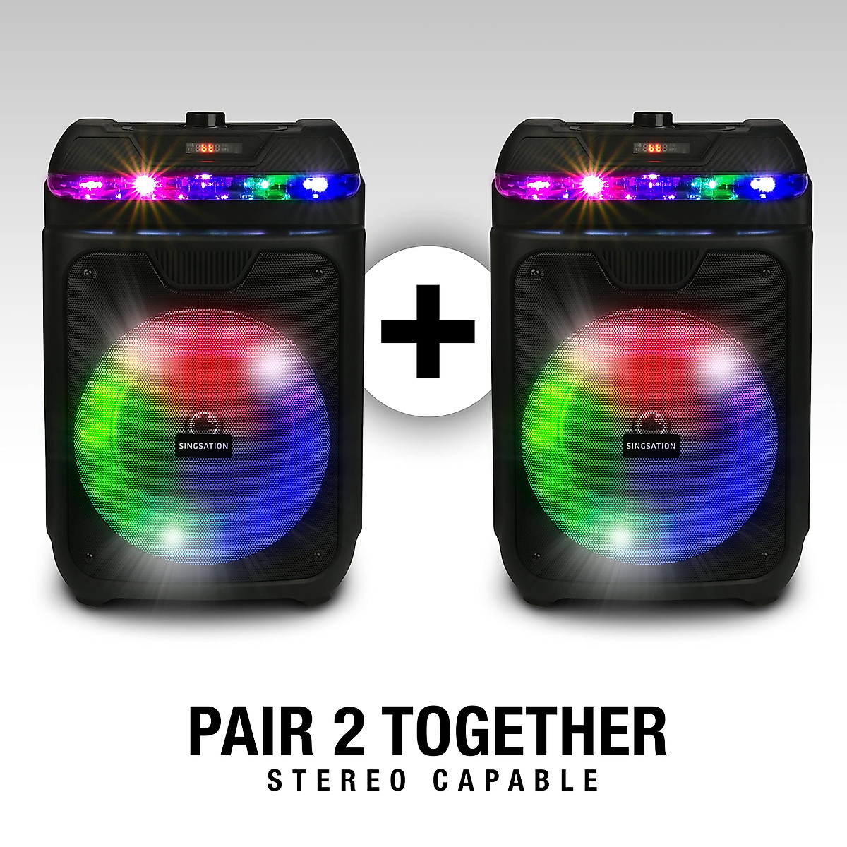 Singsation Portable Karaoke Machine, Two Microphones, 5.0 Bluetooth, 8" Driver Loudspeaker, Remote Control and LED Lights, Rechargeable, USB and Micro SD Music File Reader, AUX and FM for Party