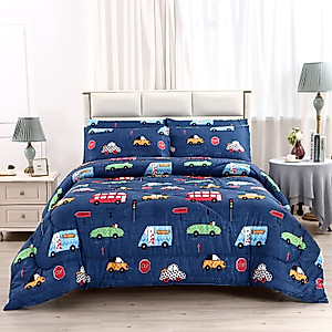 MAG 3Pcs Cartoon Car Bedding Comforter Set, Blue Cute Base Twin Comforter Set,for Toddlers Kids,Boys Teens and Girls,Super Soft Microfiber, Twin Size