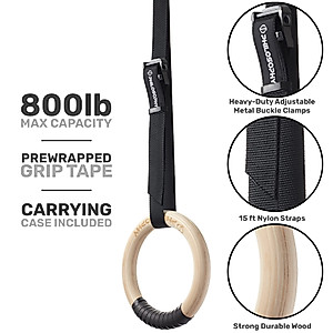 Philosophy Gym Wood Gymnastic Rings 1.25" Grip - Exercise Ring Set with Adjustable Straps, Grip Tape for Pull Ups, Dips, Muscle Ups