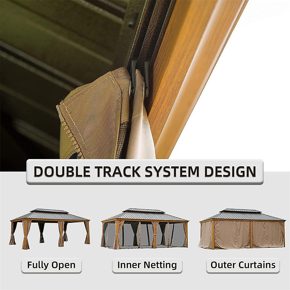 12'x20' Hardtop Gazebo Outdoor Aluminum Wood Grain Gazebos with Galvanized Steel Double Canopy for Patios Deck Backyard,Curtains&Netting (Wood-Looking)