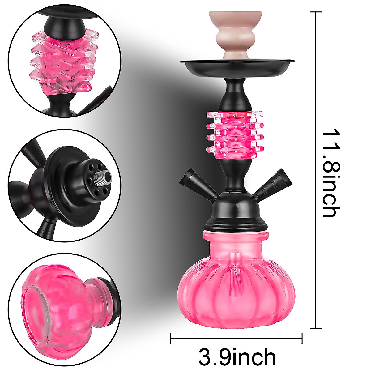 11'' 2 Hose Hookah Set With Everything - Mini Glass Pumpkin Vase, 50 Hookah Tips, 50 Hookah Foil (Pink)