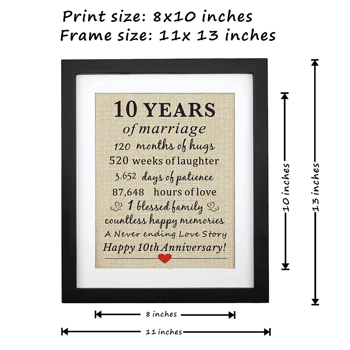Corfara Framed 10th Wedding Anniversary Burlap Gift 11" W X 13" H, Couples 10th Anniversary 10 Years of Marriage Gift for Wife 10th Wedding Anniversary Keepsake Gift for Husband Wife Him Her