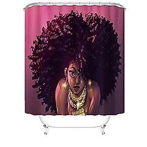 4 Pcs African American Bathroom Shower Curtain Sets with Rugs Lovely Black Girl with Shiny Necklace Shower Curtains with Toilet Lid Cover and Bath Mat Afro Black Girl Bathroom Sets with 12 Hooks