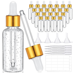 SiliFine 48 Pack 1 oz Dropper Bottle, Plastic Bottles Empty with 4 Funnels, 4 Long Pipettes, 40 Labels, 30 ml Eye Dropper Bottles for Essential, Cuticle, Body Oils, Tincture (Clear)