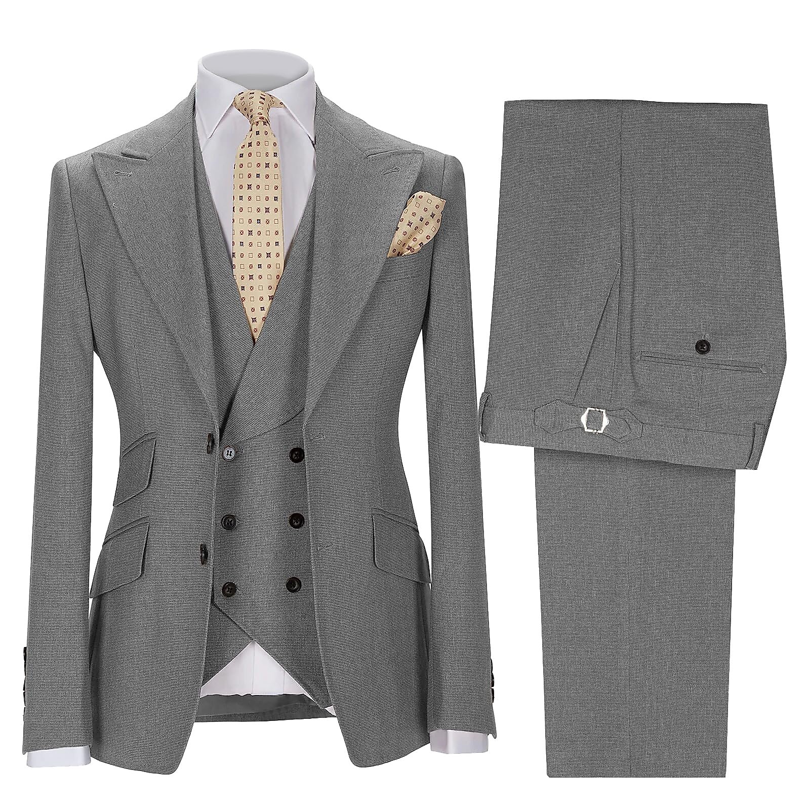 Men’s 3 piece Suit Solid Two Button Slim Fit Peak Lapel Tuxedo Set for Wedding Business Party Blazer Vest Pants Set Silver S