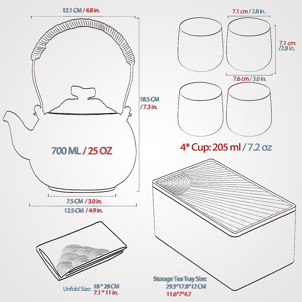TEANAGOO Portable Japanese Tea Set, Charcoal Grey Travel Porcelain Tea Set, 1 Teapot (700ml/25oz) + 4 Tea Cups(205ml/7.2oz), U2, Tea Tray Storage Case, Beautiful Asian Tea Set for Adults