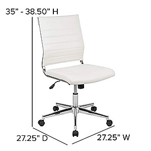 Merrick Lane Corrina White Ergonomic Swivel Office Chair Ribbed Faux Leather Back and Seat Mid-Back Armless Computer Desk Chair with Chrome Base