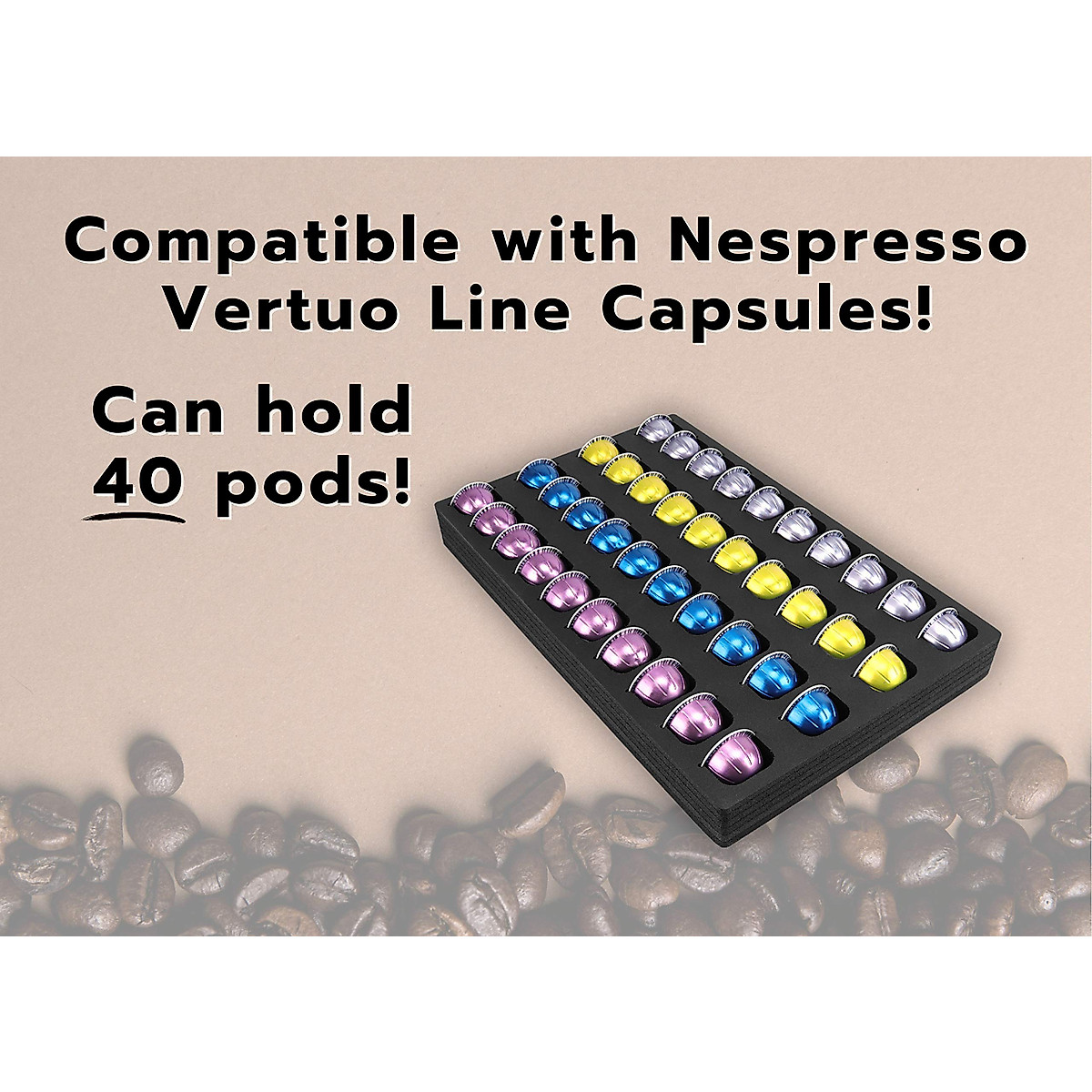 Polar Whale 2 Coffee Espresso Capsule Drawer Organizer Tray Inserts Compatible with Nespresso Vertuo VertuoLine Kitchen Home Office Waterproof Washable Black Foam 40 Compartment 12.75 x 20.25 Inches