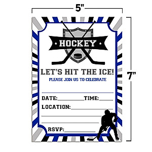 Amanda Creation Blue & Gray Hockey Birthday Party Invitations, 20 5x7 Fill-In Cards with Twenty White Envelopes