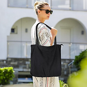 COSHONWOL Women Corduroy Tote Bag Zipper Large Shoulder Hobo Bags Casual Tote's Handbag Shopping Work Bag (Black)