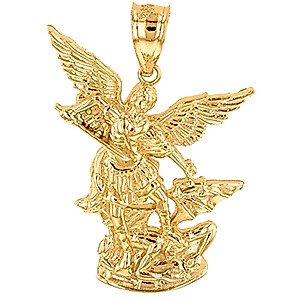 14K Yellow Gold 7/8" Christian Saint Michael The Archangel Defeating Satan Guardian Charm - Pendant Only