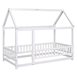 Bellemave Twin Size House Floor Bed,Wooden Montessori Bed with Fence and Roof for Kids,Playhouse Twin Bed Frame for Girls,Boys(Twin,White)