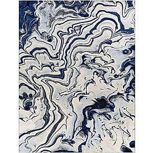Glendon Abstract Coastal Living Room Bedroom Dining Room Area Rug - Marble Swirl Pattern Carpet - Modern Contemporary Bohemian - Ombre Blue, Royal Blue, Navy Blue, Grey, White - 7'10" x 10'3"