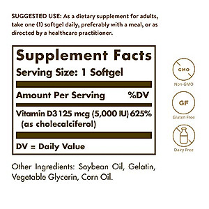 Solgar Vitamin D3 (Cholecalciferol) 125 mcg (5000 IU), 100 Softgels - Helps Maintain Healthy Bones & Teeth - Immune System Support - Non-GMO, Gluten Free, Dairy Free - 100 Servings