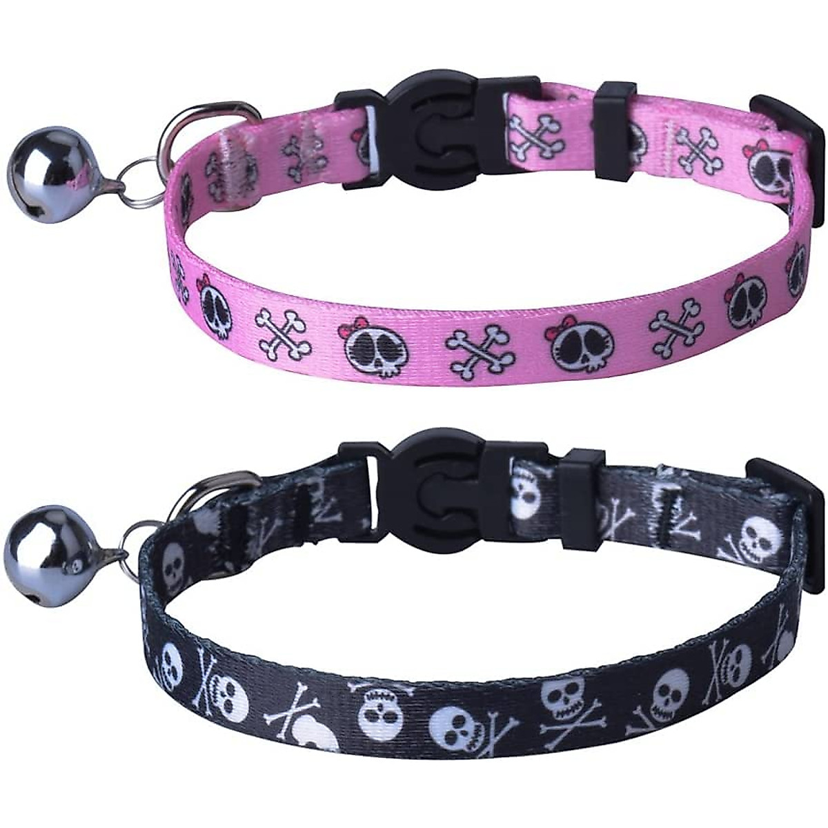 PUPTECK Breakaway Cat Collar with Bell Charm, 2 Packs Adjustable Kitty Collars Pink & Black Skull Pattern