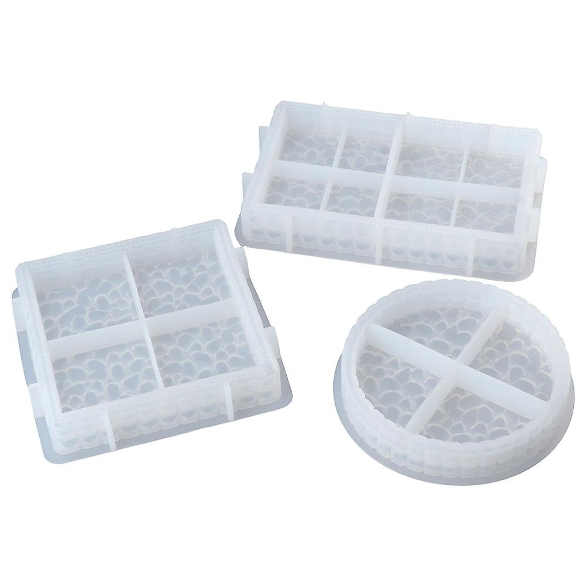 Uniquer 3Pcs Diamond Resin Tray Molds with Edges,Rectangle Round Shaped Epoxy Silicone Casting Molds for Makeup Holder,Art Craft Making Supplies