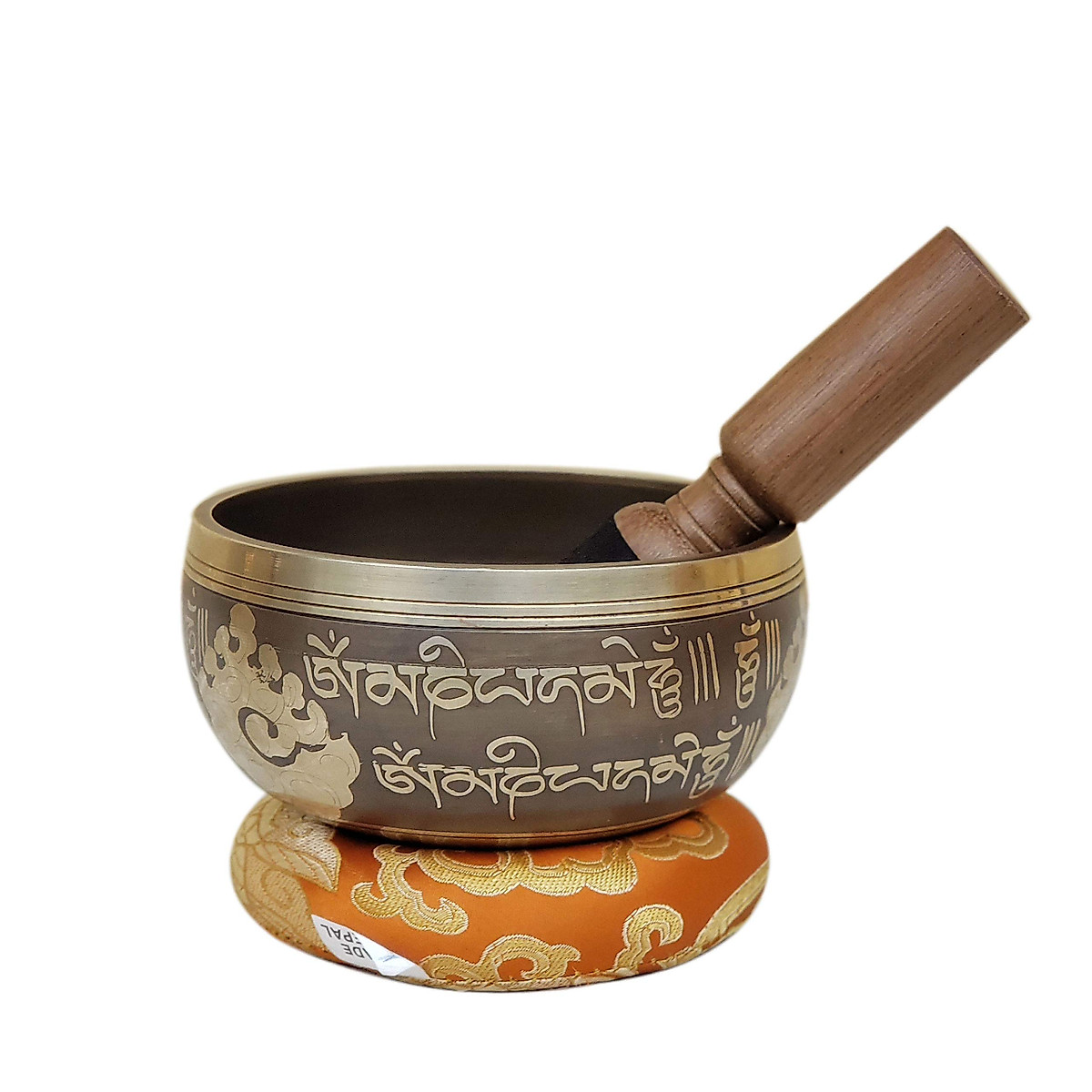 Khusi 4.5 Inch Tibetan Singing Bowl Set, Handmade, Decorative Chakra Bowl for Mindfulness, Wisdom Eye Mantra Engraved, Comes w/Silk Cushion, Leather Mallet and Carry Pouch