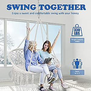 Grassman Hammock Chair Macrame Swing, Macrame Indoor Outdoor Hanging Chair Swing Handmade Knitted Mesh Two Person