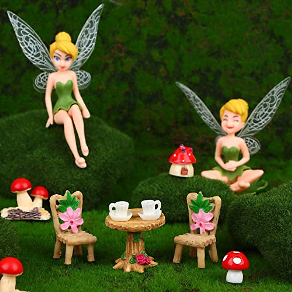 IYSHOUGONG 11 Pcs/Set Miniature Fairy Garden Ornament Table Chair Tea Cup Fairy Pixie Girl Fly Wing DIY Dollhouse Decor