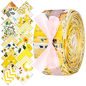 Kingdder 70 Pcs Floral Cotton Fabric Patchwork Roll 2.55 x 39.4 Inch Cotton Quilting Fabric Roll up Cotton Fabric Quilting Strips Precut Patchwork Roll for Craft Sewing DIY Crafts (Yellow Flower)