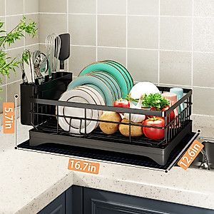 coobest Dish Drying Rack, Dish Rack with Utensil Holder and Dish Drying Mat, 360° Removable Drainboard, Drying Rack for Kitchen Counter, Kitchen Gadgets and Kitchen Organization