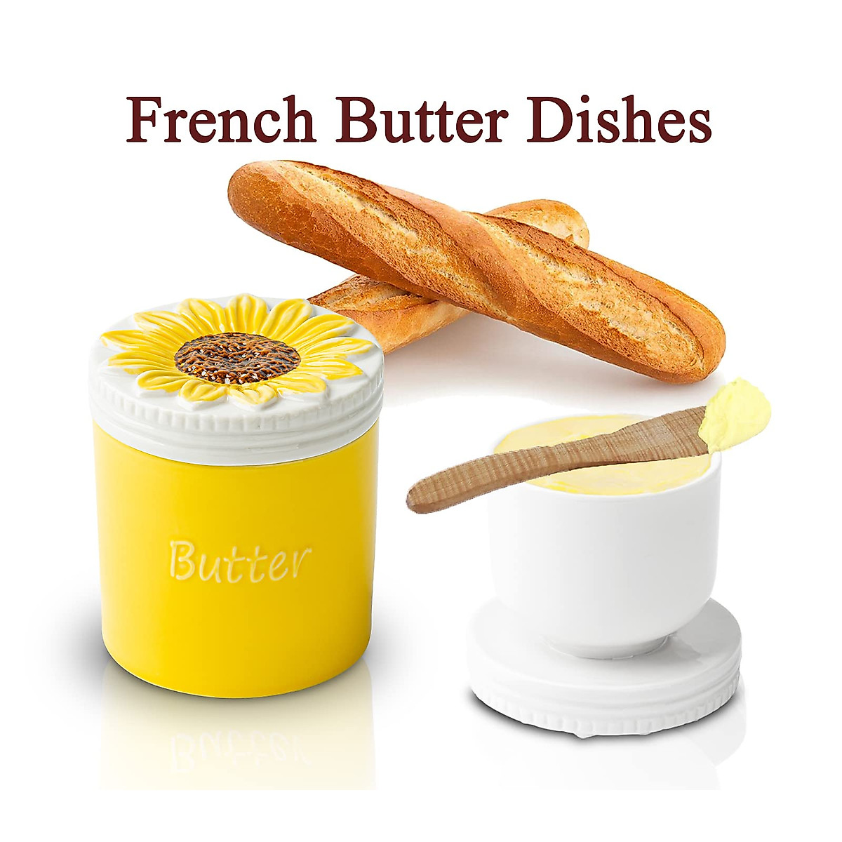 Sunflower Butter Crock Butter Keeper French Butter Dish Ceramic Cup Butter Holder With Water Line Non-Slip Design