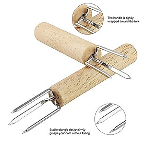 YellRin Corn Holders Set of 10 Stainless Steel Corn on The Cob Holders Fruit Forks with Wood Handle for Home Cooking and BBQ Twin Prong Sweetcorn Holders