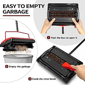 JEHONN Carpet Floor Sweeper Manual with Horsehair, Non Electric Quite Rug Roller Brush Push for Cleaning Pet Hair, Loose Debris, Lint (Red)