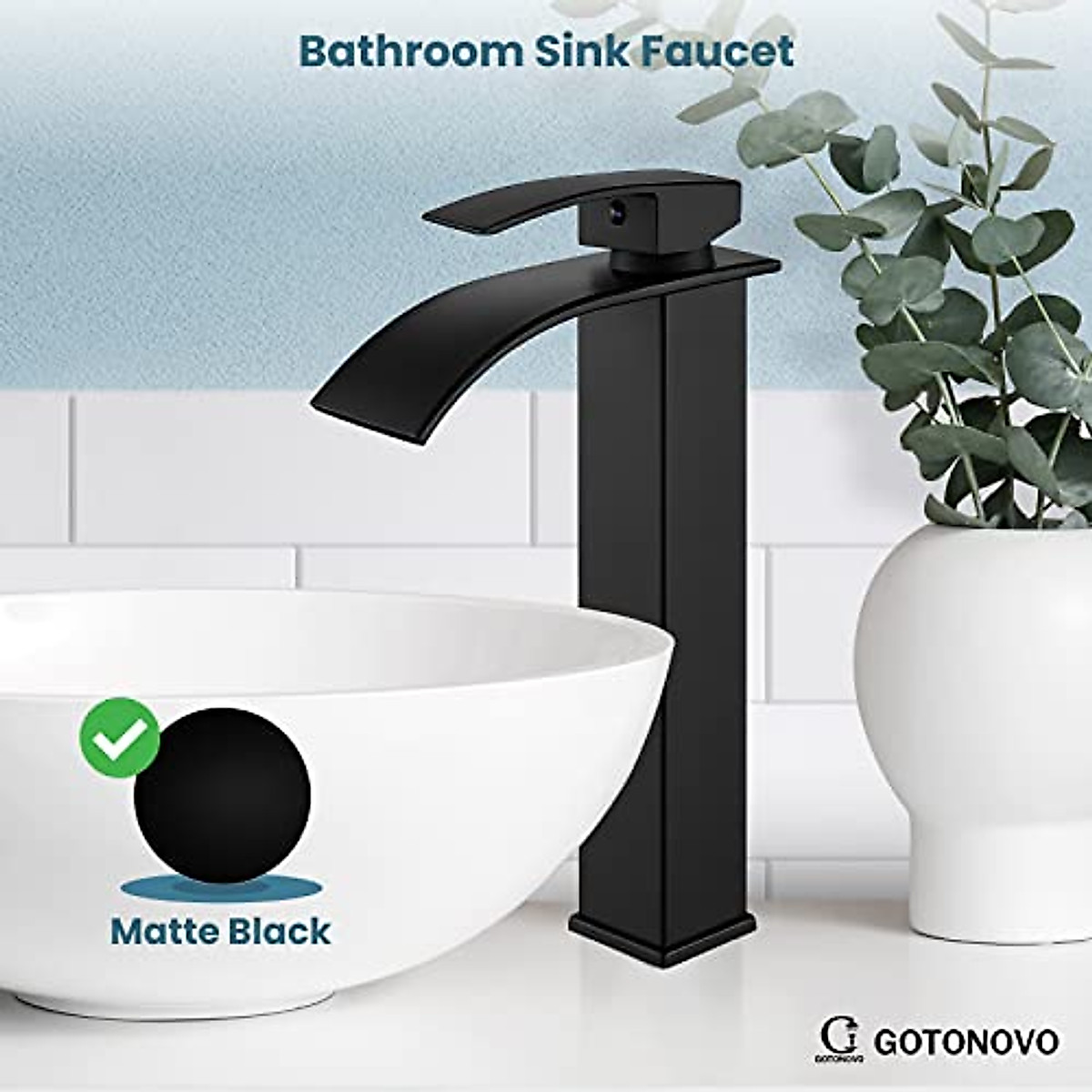 Vessel Sink Faucet Waterfall Spout Deck Mount Bathroom Matte Black Stainless Steel 304 Bowl Basin One Hole One Handle Mixer Tap with Pop Up Drain