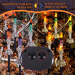 Solar Halloween Pathway Lights Outdoor 5 Pack Solar Halloween Stake Lights Skeleton Hands Hold Candle 2 Modes Halloween Decorations Halloween Walkway Lights for Halloween Garden, Yard, Lawn Decor