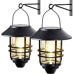 Solar Lantern Outdoor Lights,Hanging Solar Lights,Solar Lanterns Metal Waterproof Clear Glass & Hook Solar Outdoor Lights, Wall Lights Fixture Solar Garden Lights for Porch, Fence,Yard 2 Pack