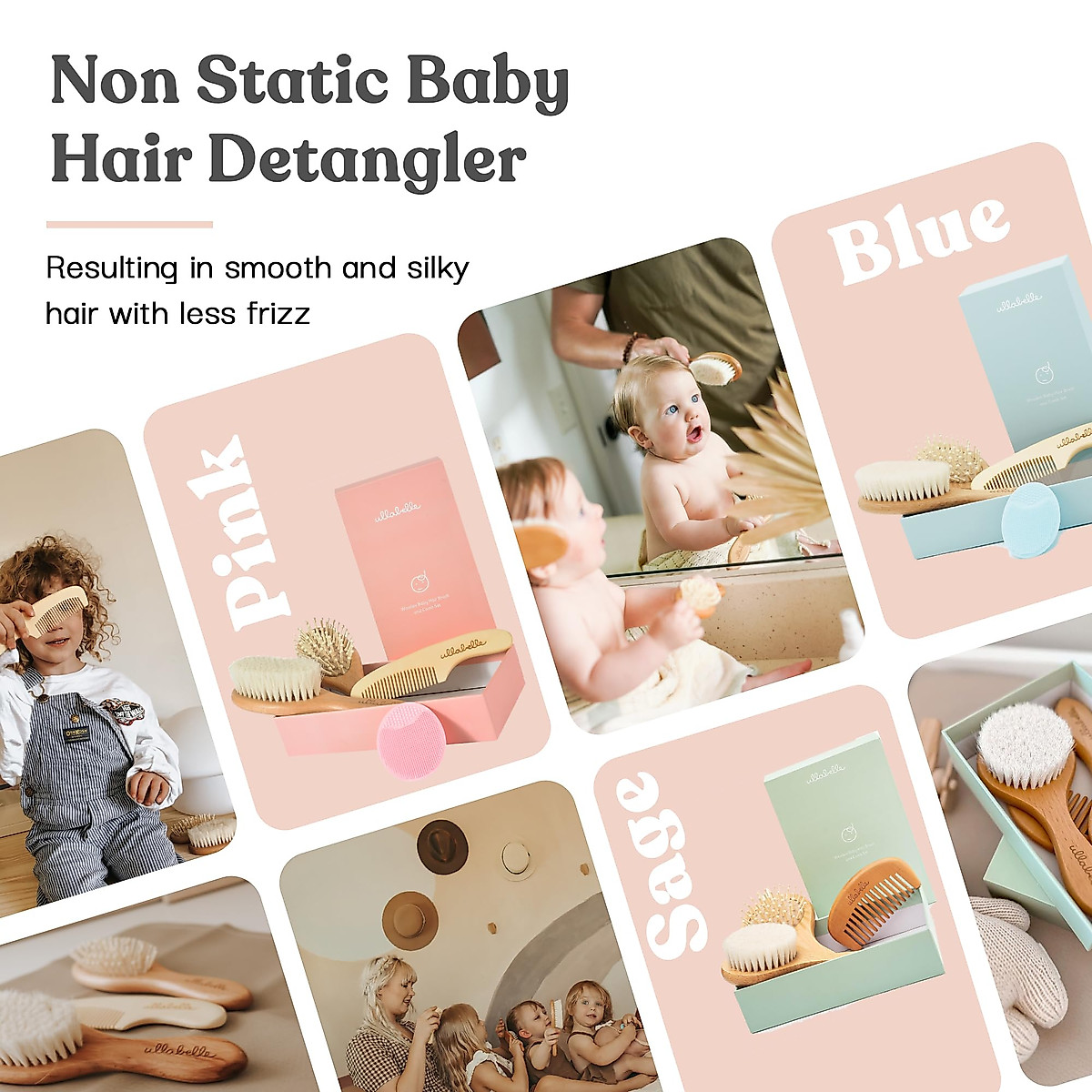 Ullabelle 4 Piece Wooden Baby Hair Brush and Comb Set for Newborns & Toddlers in Chic Gift Box - Ultra Soft Natural Goat Hair and Wood Baby Brush Set Prevents Cradle Cap - Perfect Registry Gift (Pink)