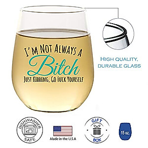 I'm Not Always - Funny Wine Glasses for Women, Cute Wine Glass for Best Friend Gift, Funny Gift for Her, Stemless 15oz, Gift Box, Birthday Gifts for Women or Men, Unique, for Girlfriend, Sister, BFF