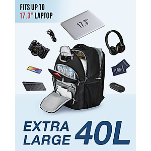 LIGHT FLIGHT Backpack for Men, Travel Backpack with USB Charging Hole, 17.3 Inch Laptop Backpack, School College Bookbag, Large Capacity Computer Backpacks, 40L Work Bag for Business, Black