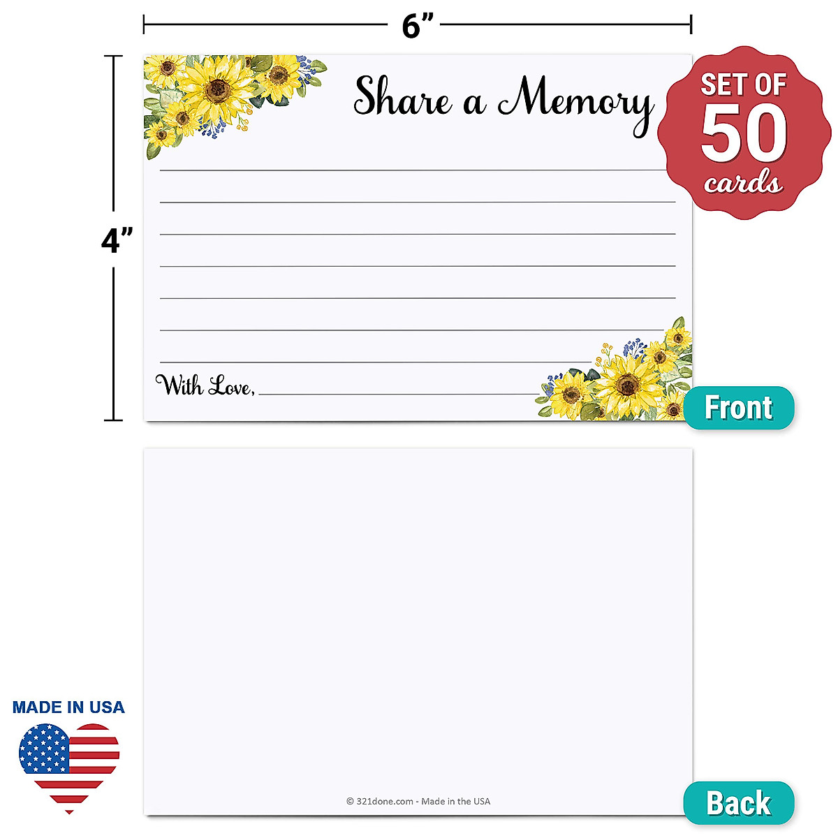 321Done Share a Memory Card (50 Cards) Sunflower Large, 4" x 6" for Celebration of Life Birthday Anniversary Memorial Funeral Graduation Bridal Shower Game - Made in USA - White
