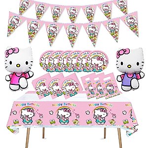 Hanjiejie 53 pcs Kitty Girls birthday party balloons, dinner plates, paper towels,banners, tablecloths,Gift bags,children's tablecloths,baby shower birthday party decorations.