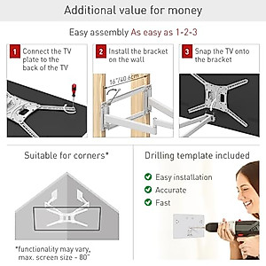 Barkan 40" Long White TV Wall Mount, 13 - 80 inch Dual Arm Full Motion Articulating - 4 Movement Flat / Curved Screen Bracket, Holds up to 110lbs, Extra Stable, Fits LED OLED LCD