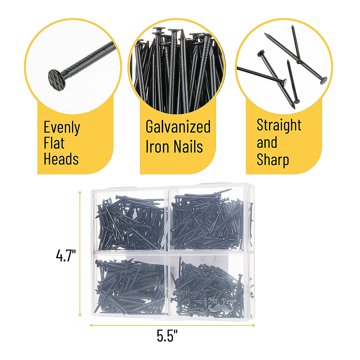 Mr. Pen- Nail Assortment Kit, 600 Pcs, 4 Sizes, Black, Small Nails, Nails for Hanging Pictures, Finishing Nails, Wall Nails for Hanging, Pin Nails, Hardware Nails, Assorted Nails, Galvanized Nails.