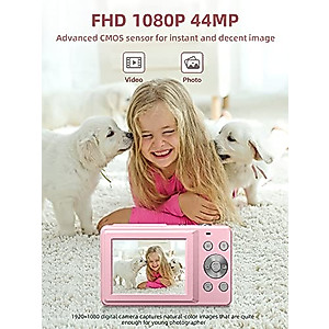 Digital Camera, FHD 1080P Digital Point and Shoot Camera for Kids 44MP Vlogging Camera with Anti Shake 16X Zoom, Compact Kids Camera Small Camera for Boys Girls Teens Students Seniors- Pink