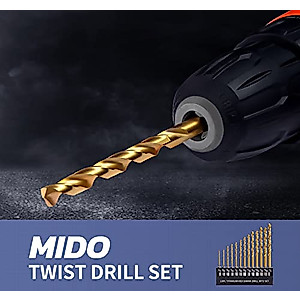 MIDO PROFESSIONAL ABRASIVE Drill Bit Set 13PCS Titanium Metal Drill Bits 1/16"-1/4" Impact Drill Bit Set for Aluminum Alloy, Wood, and Plastic