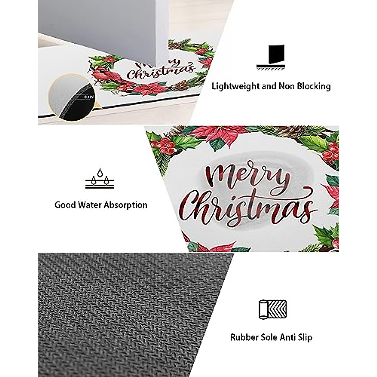 Merry Christmas Bath Mat for Tub,Non Slip Bathroom Floor Runner Rug Quick Dry & Absorbent Diatomaceous Earth Shower Sink Bedroom Kitchen Washable Doormat,Winter Poinsettia Holly Pine Berries 18"x47"