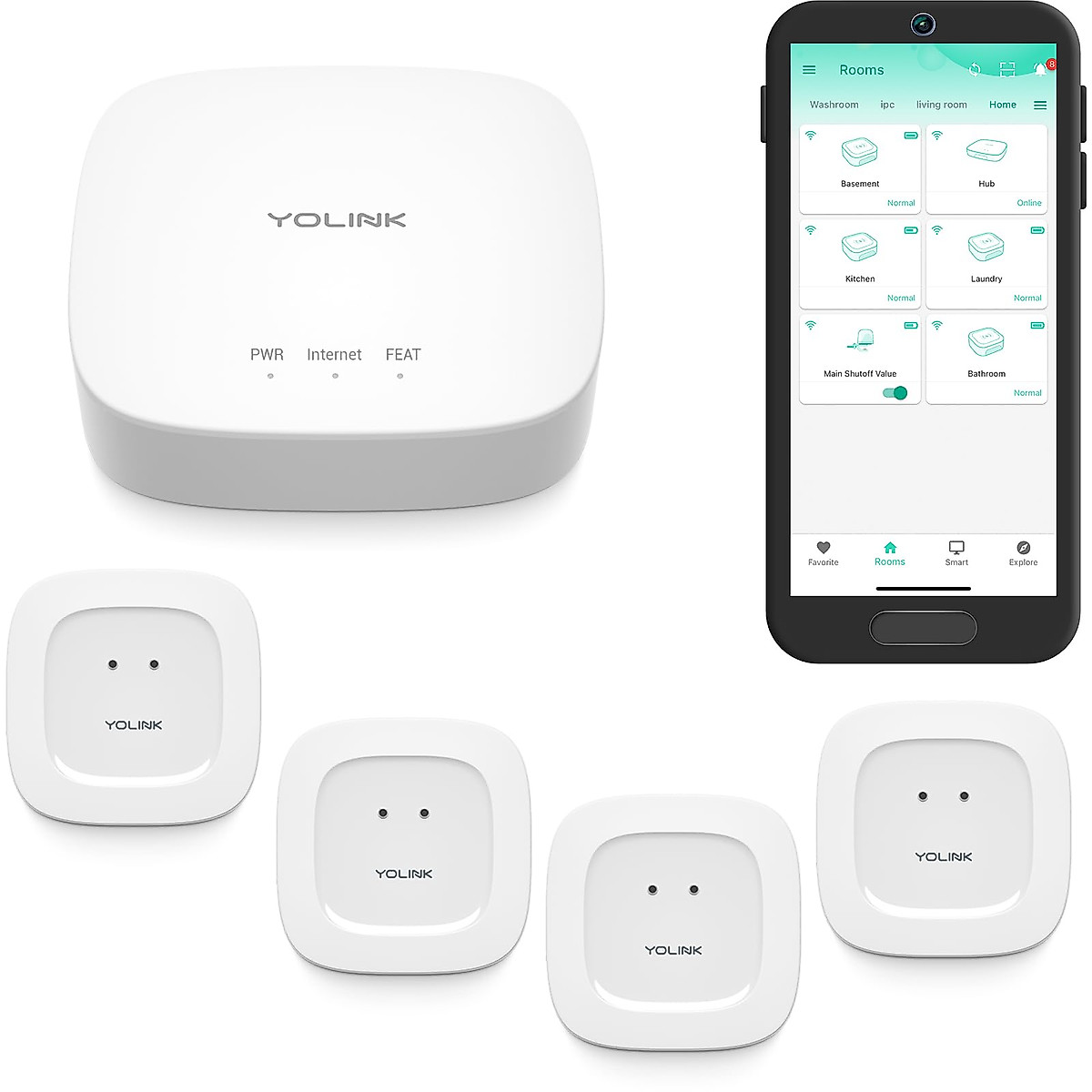 YoLink Smart Home Starter Kit: Water Sensor 4-Pack & Hub Kit - Sensor Compatible with Alexa and IFTTT, 1/4 Mile Range, Instant Remote App, Text(Limited) and Email Alert